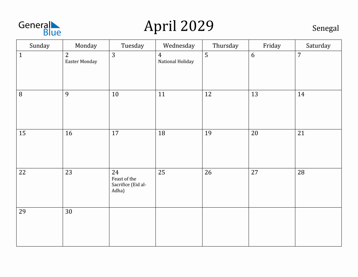 April 2029 Monthly Calendar with Senegal Holidays