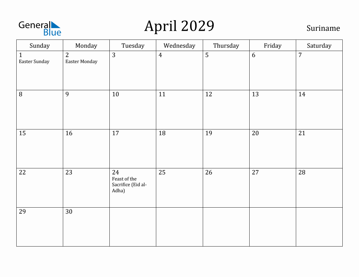April 2029 Monthly Calendar with Suriname Holidays