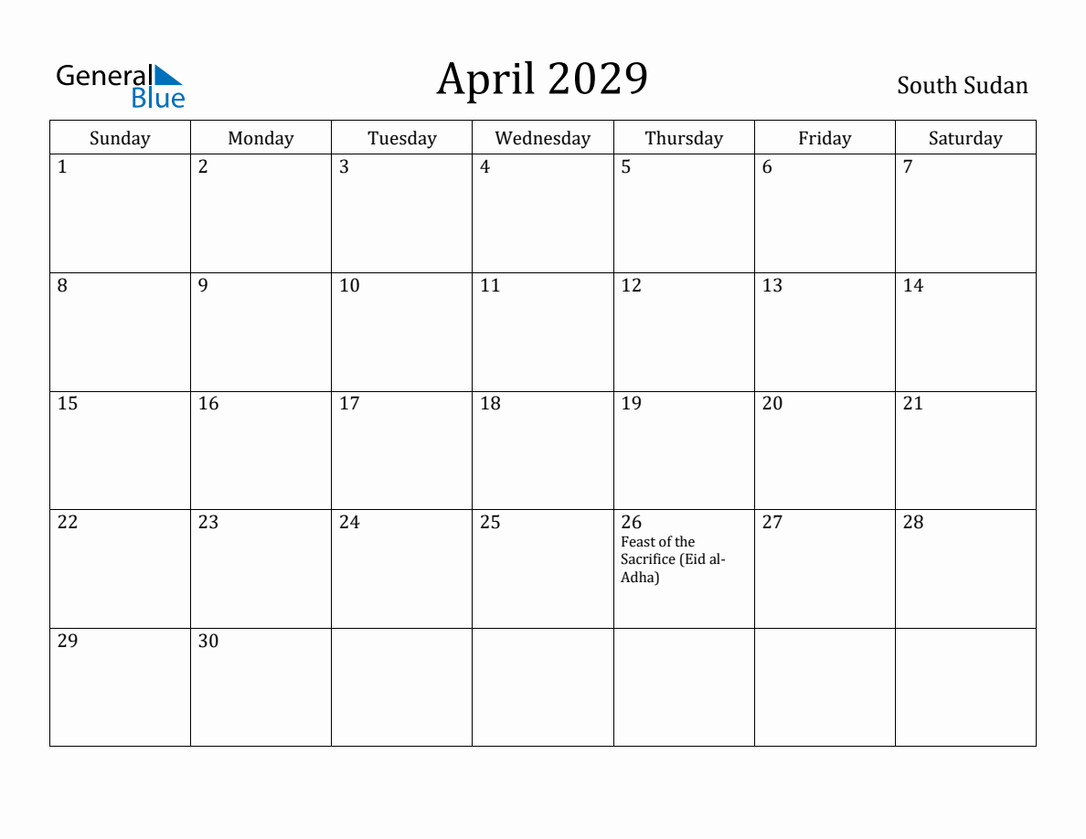 April 2029 Monthly Calendar with South Sudan Holidays