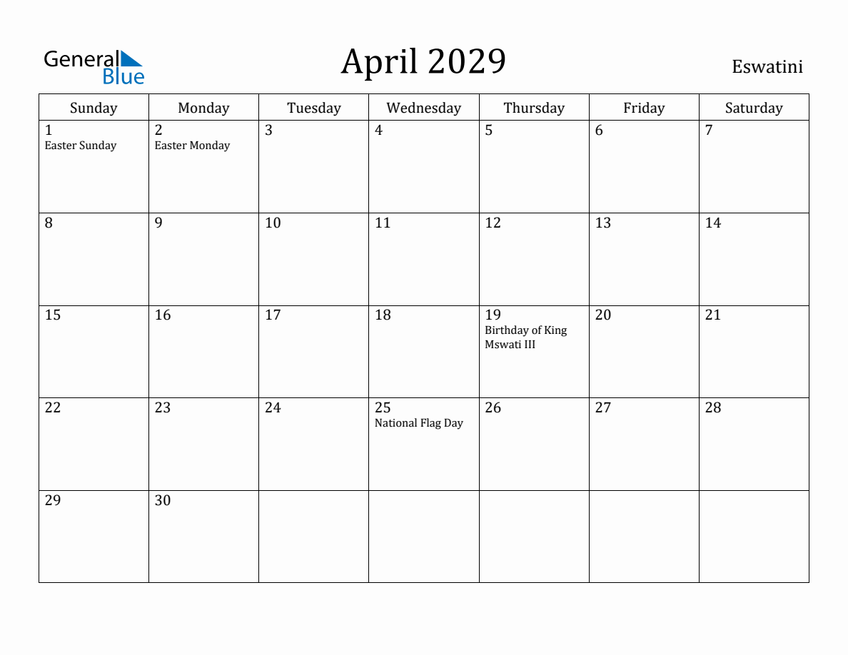 April 2029 Monthly Calendar with Eswatini Holidays