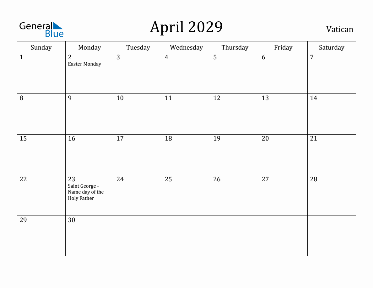 April 2029 Monthly Calendar with Vatican Holidays