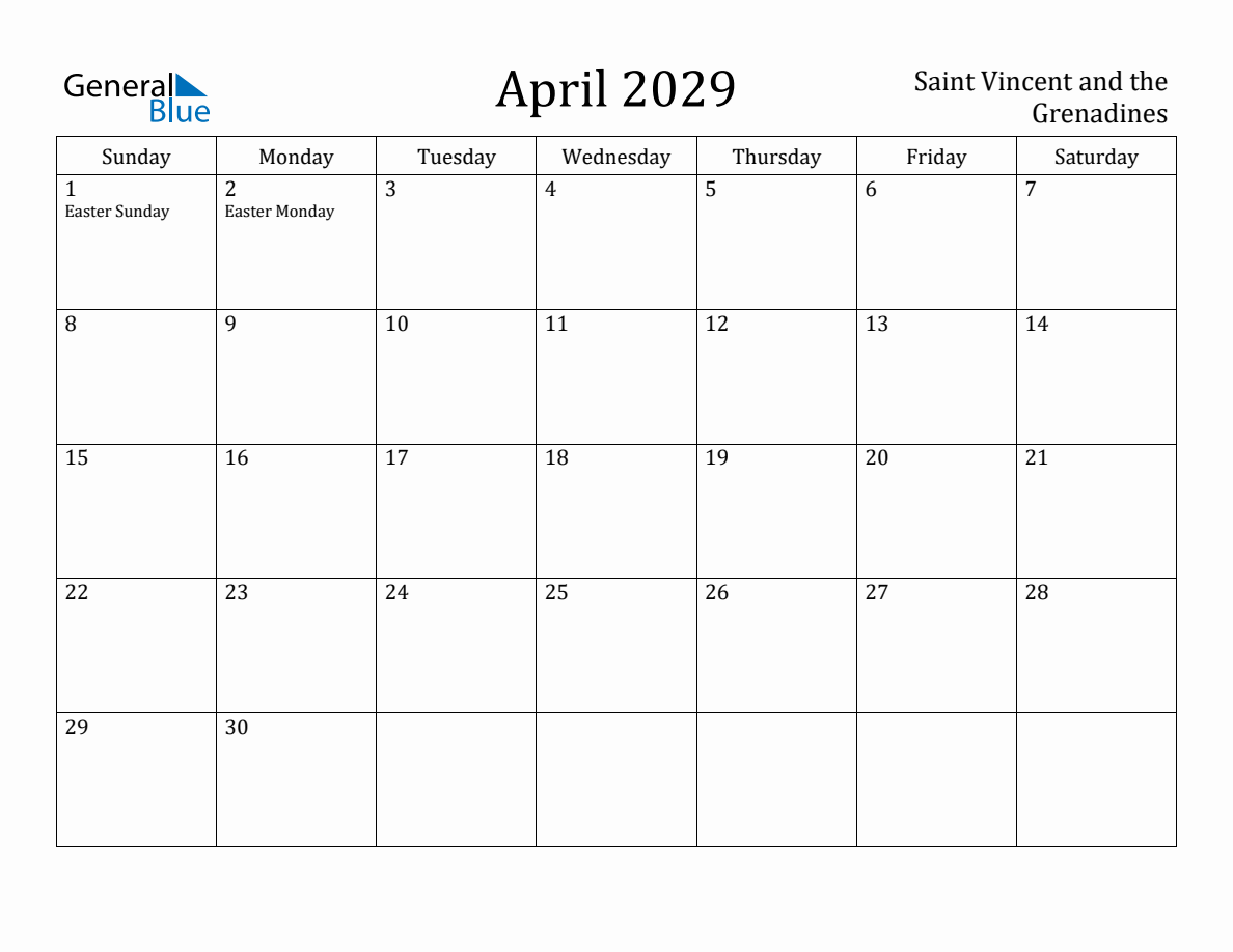 April 2029 Monthly Calendar with Saint Vincent and the Grenadines Holidays