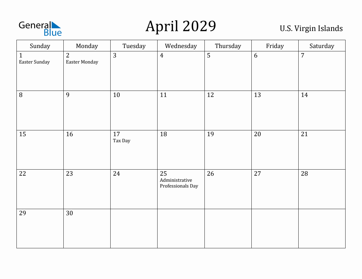 April 2029 Monthly Calendar with U.S. Virgin Islands Holidays