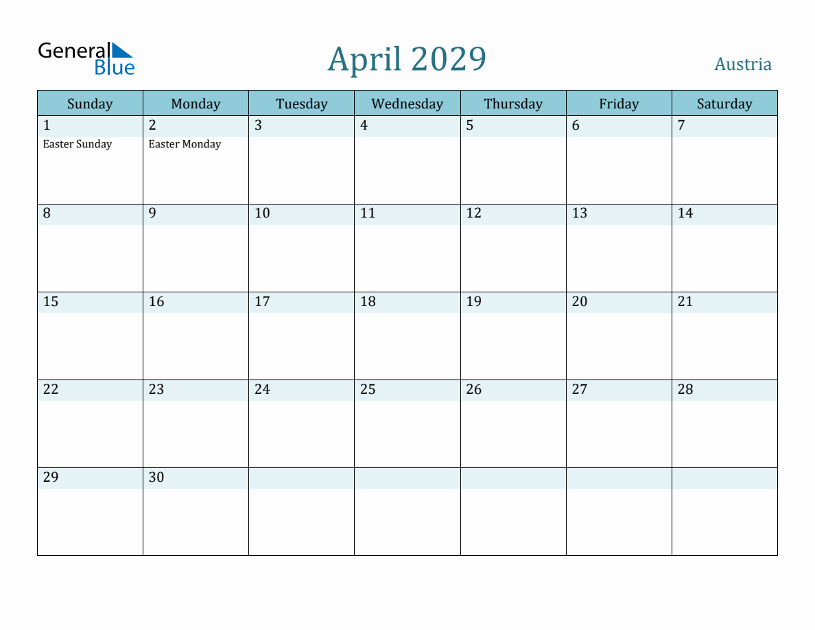 Austria Holiday Calendar for April 2029