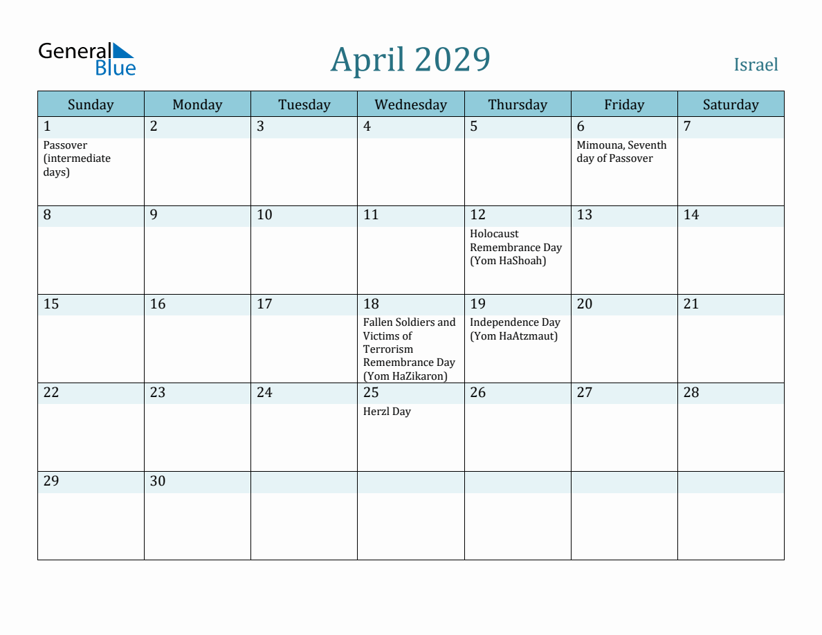 Israel Holiday Calendar for April 2029