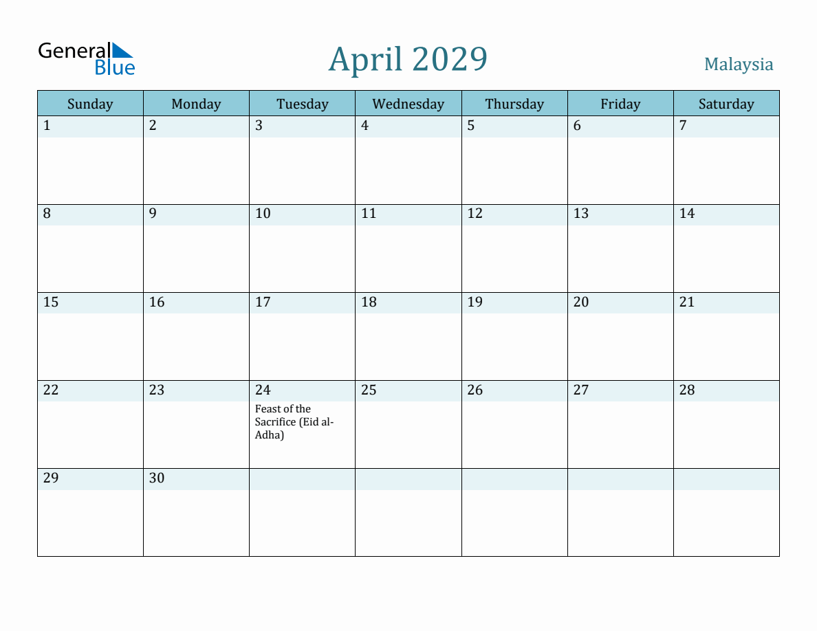 Malaysia Holiday Calendar for April 2029