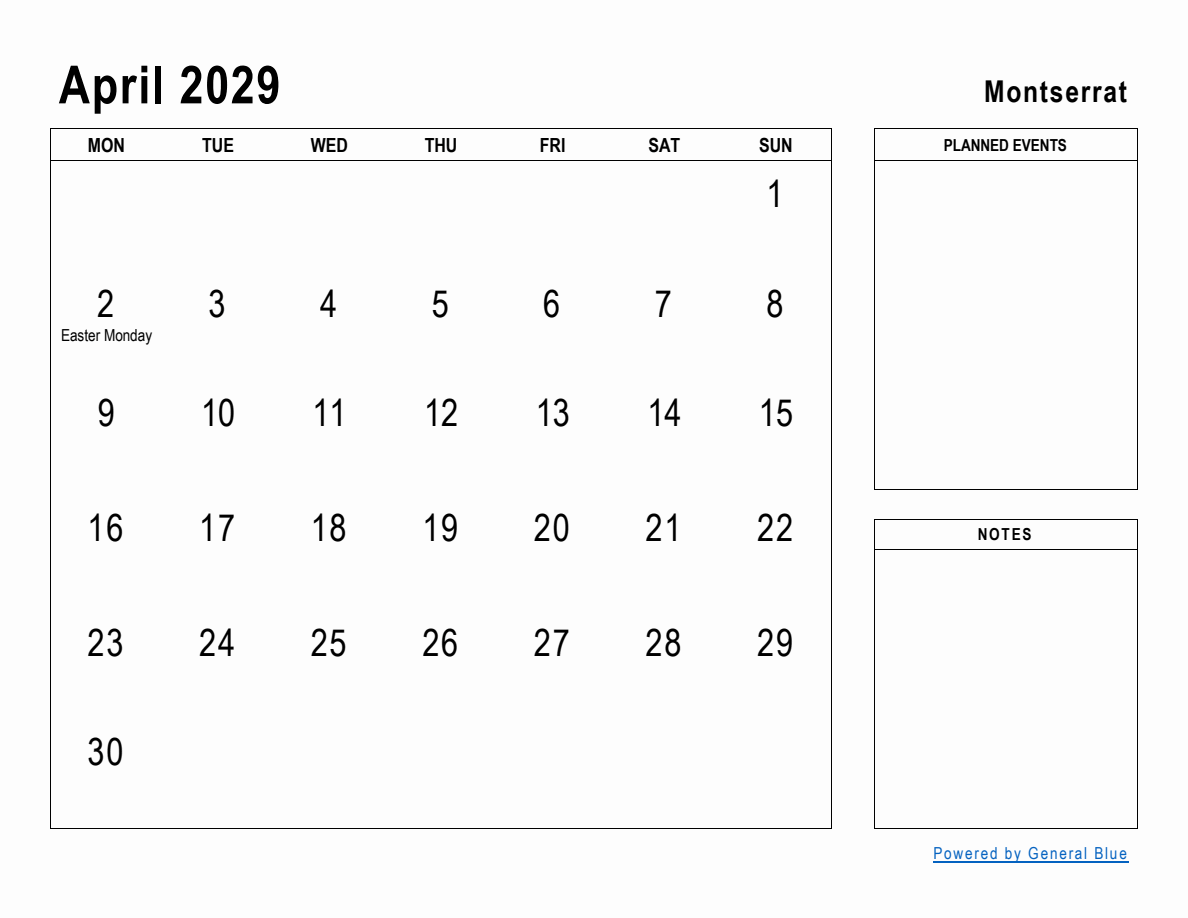 April 2029 Planner with Montserrat Holidays (Monday Start)