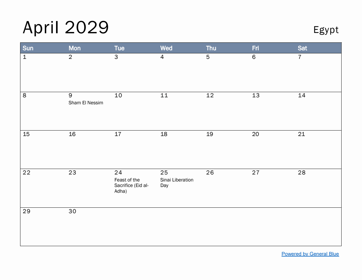Free Monthly Calendar Template for April 2029 with Egypt Holidays