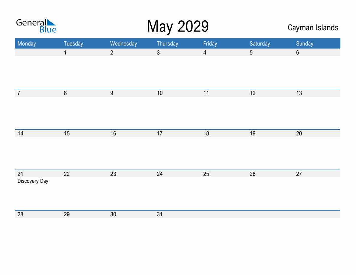 Editable May 2029 Calendar with Cayman Islands Holidays (Monday Start)
