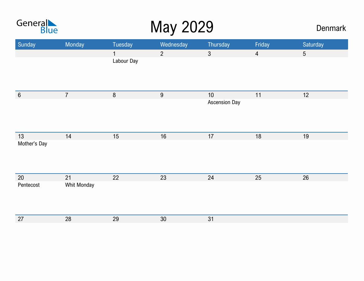May 2029 Monthly Calendars with Denmark Holidays