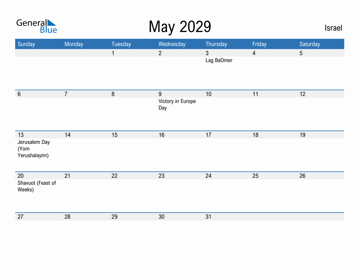 Editable May 2029 Calendar with Israel Holidays