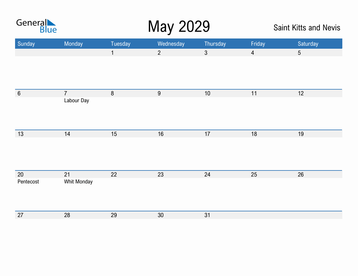 Editable May 2029 Calendar with Saint Kitts and Nevis Holidays
