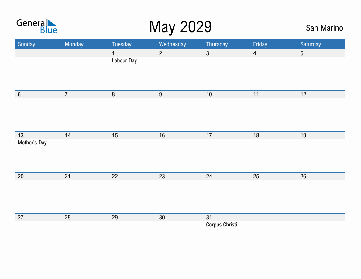 May 2029 Monthly Calendars with San Marino Holidays