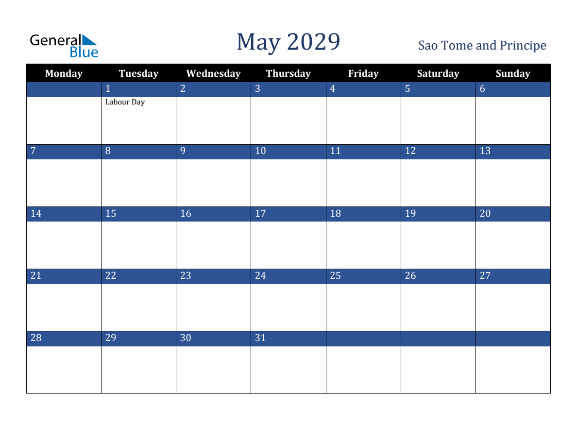 May 2029 Sao Tome and Principe Holiday Calendar (Monday Start)