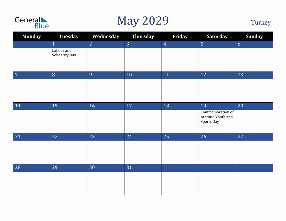 May 2029 Turkey Holiday Calendar (Monday Start)