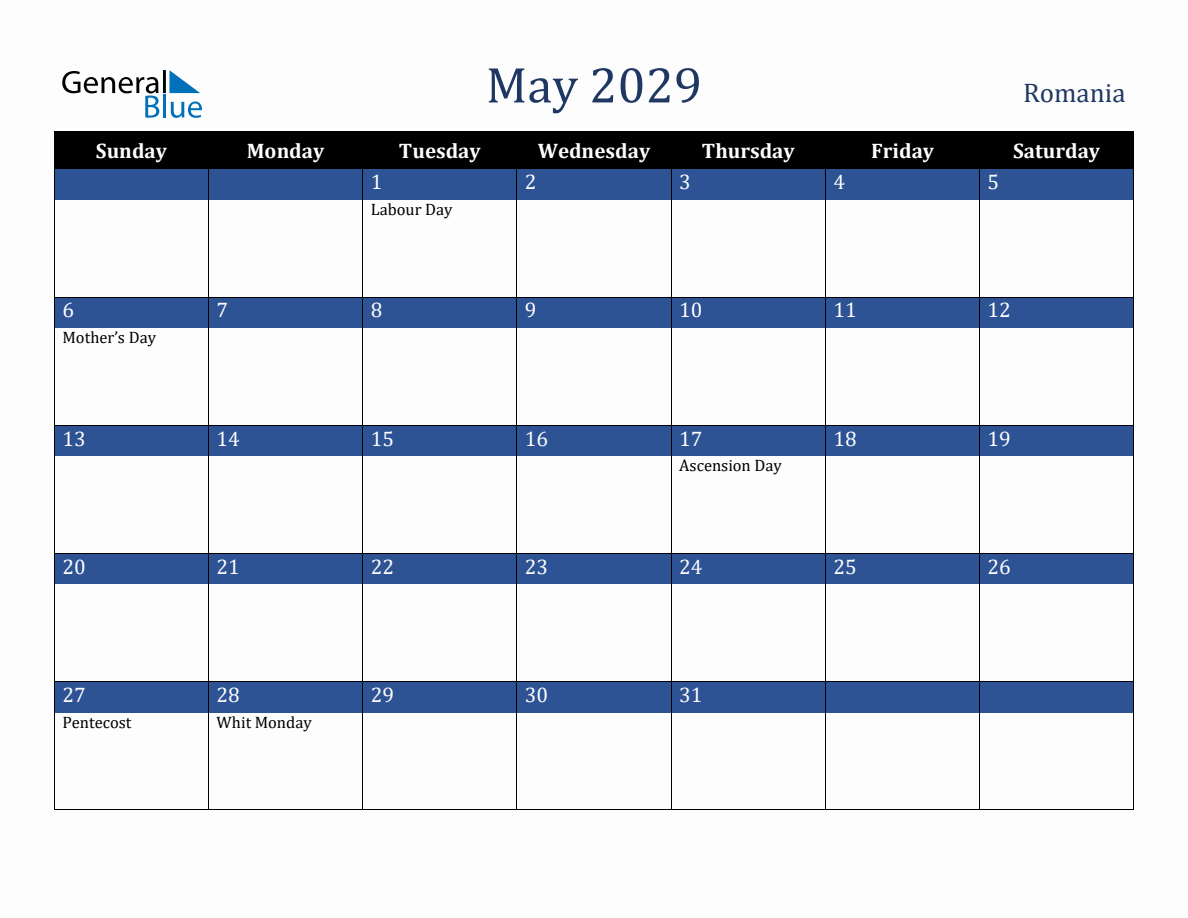 May 2029 Romania Holiday Calendar