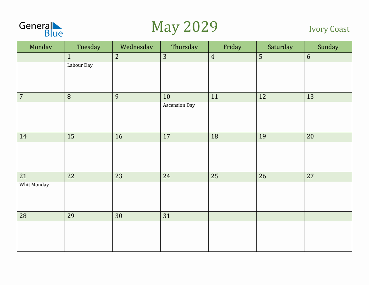 Fillable Holiday Calendar for Ivory Coast - May 2029 (Monday Start)