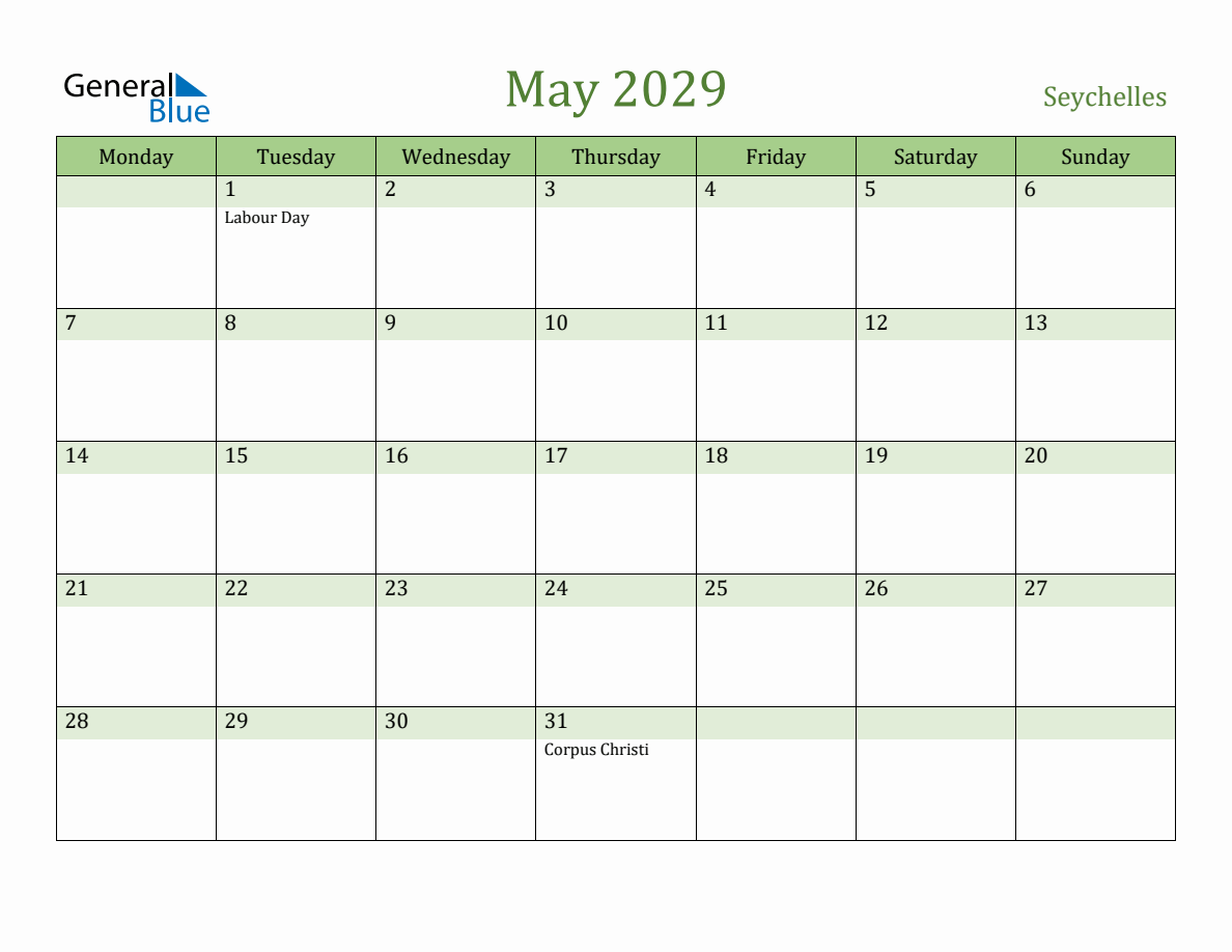 Fillable Holiday Calendar for Seychelles - May 2029 (Monday Start)