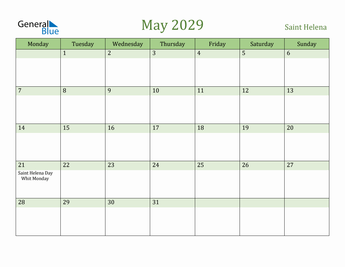 Fillable Holiday Calendar for Saint Helena - May 2029