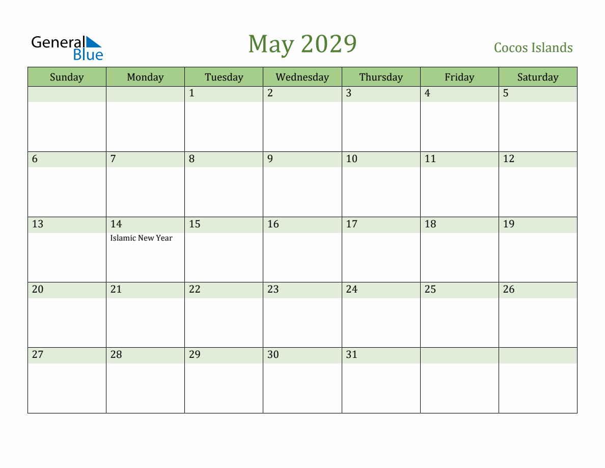 Fillable Holiday Calendar for Cocos Islands - May 2029
