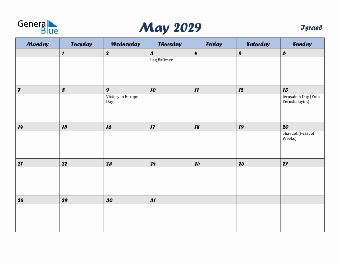 May 2029 Monthly Calendar Template with Holidays for Israel (Monday Start)