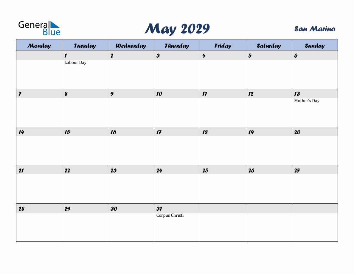 May 2029 Monthly Calendar Template with Holidays for San Marino (Monday ...
