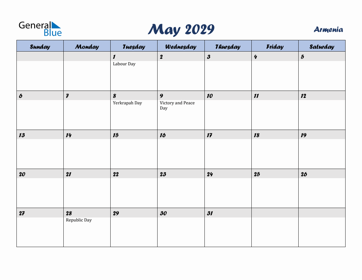May 2029 Monthly Calendar Template with Holidays for Armenia
