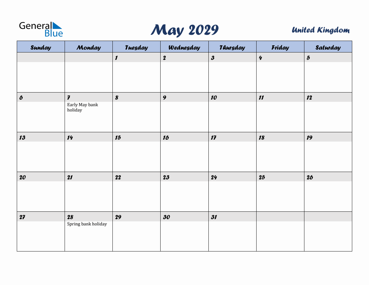 May 2029 Monthly Calendar Template with Holidays for United Kingdom