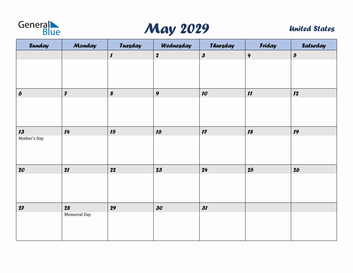 May 2029 Monthly Calendar Template with Holidays for United States