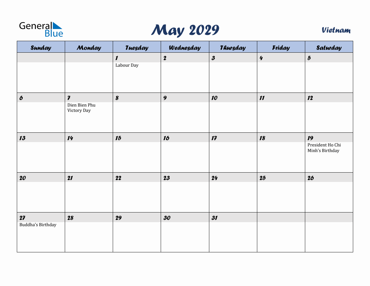 May 2029 Monthly Calendar Template with Holidays for Vietnam