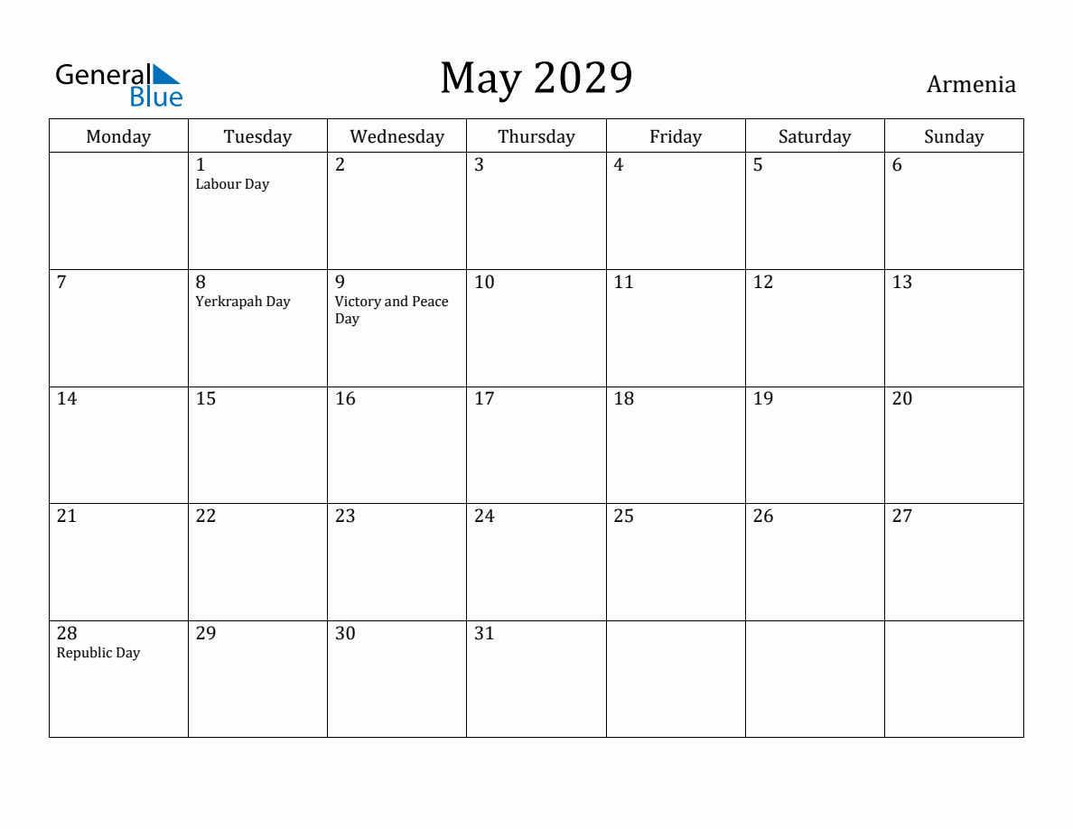 May 2029 Monthly Calendar with Armenia Holidays (Monday Start)