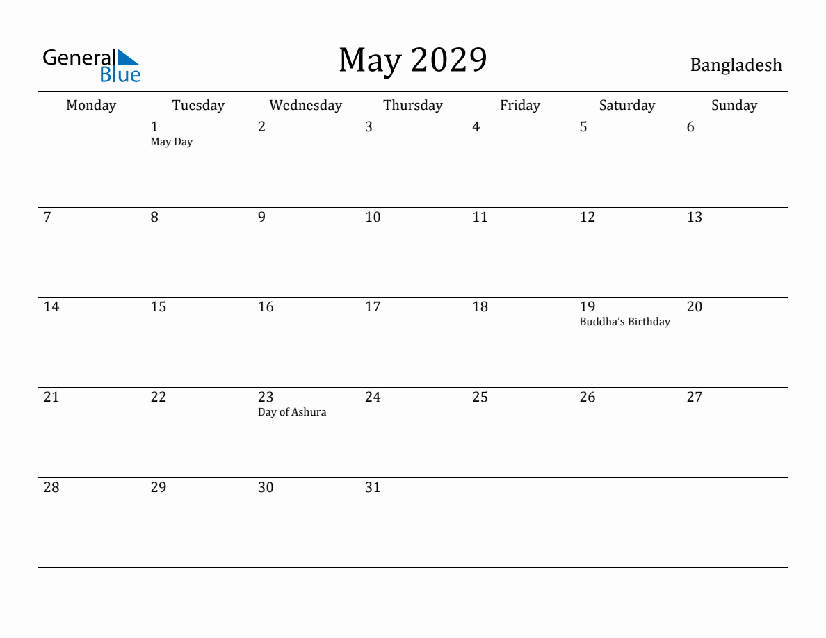 Bangladesh Monthly Calendar - May 2029 (Monday Start)