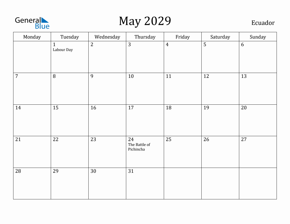 May 2029 Monthly Calendar with Ecuador Holidays
