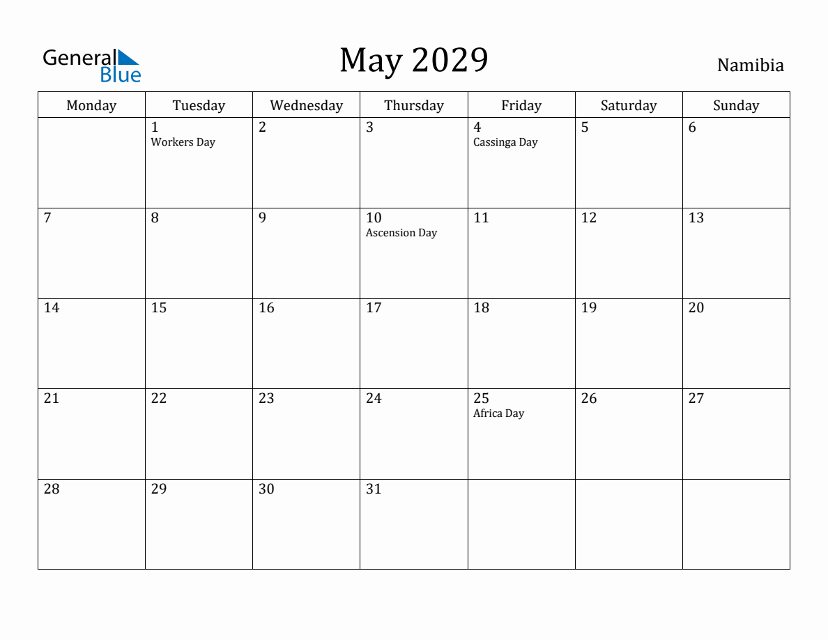 May 2029 Monthly Calendar with Namibia Holidays