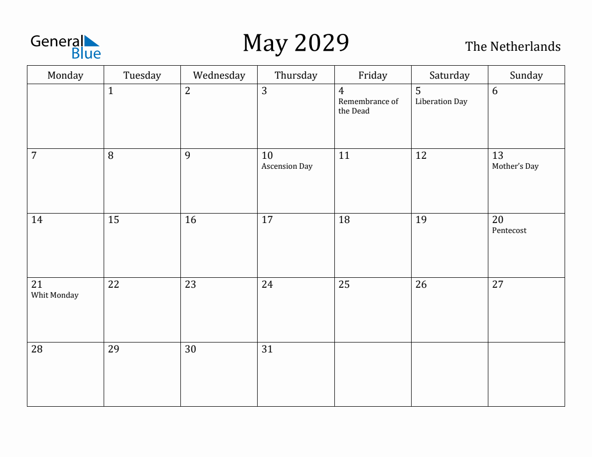 May 2029 Monthly Calendar with The Netherlands Holidays (Monday Start)