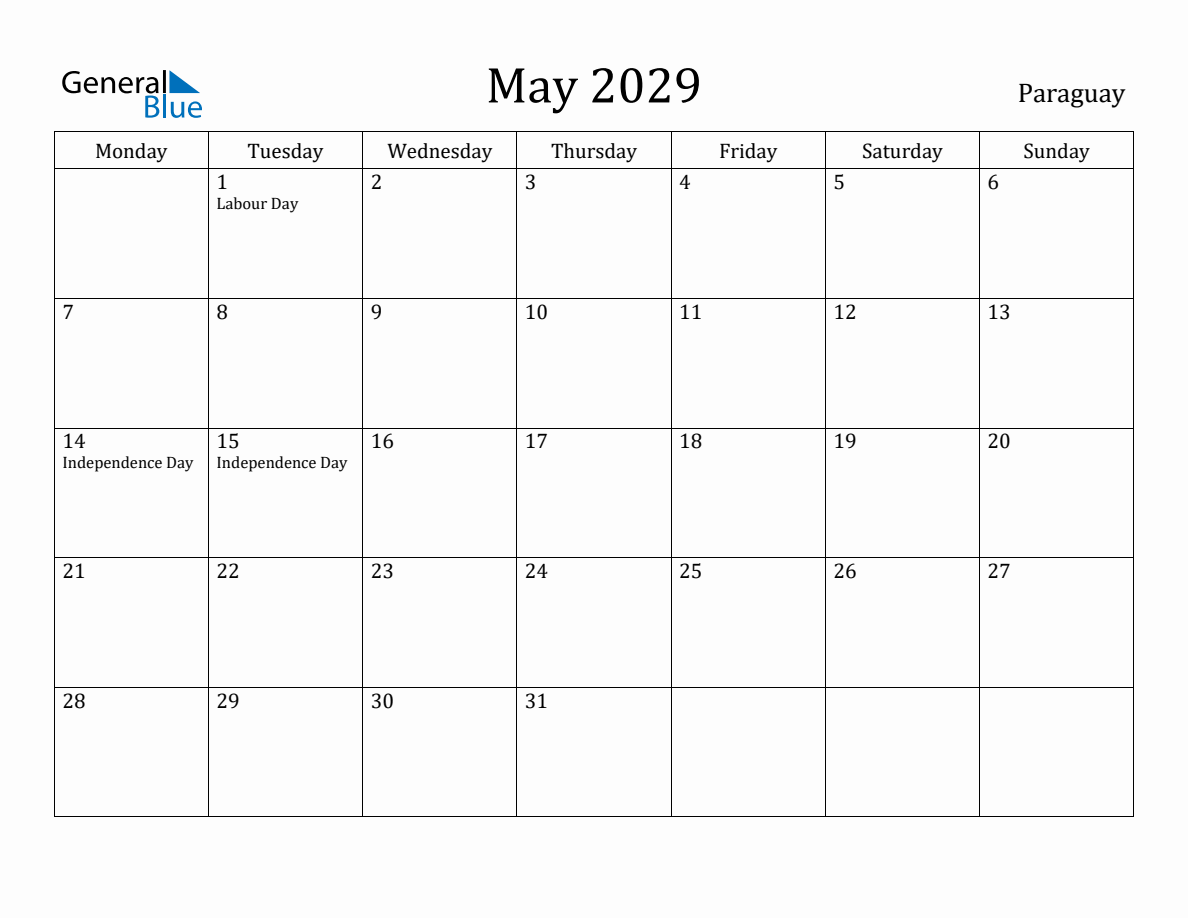 Paraguay Monthly Calendar - May 2029 (Monday Start)