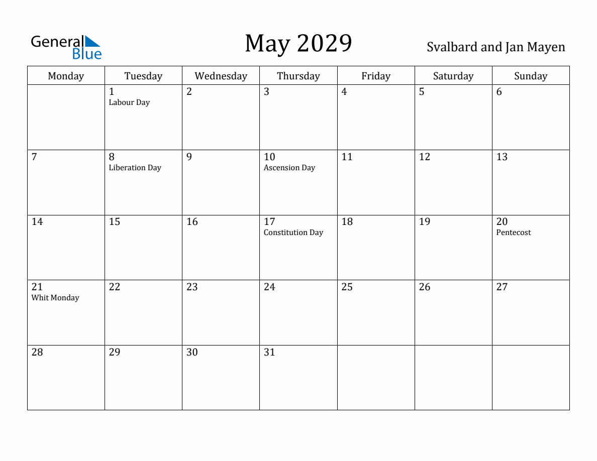 May 2029 Monthly Calendar with Svalbard and Jan Mayen Holidays (Monday ...