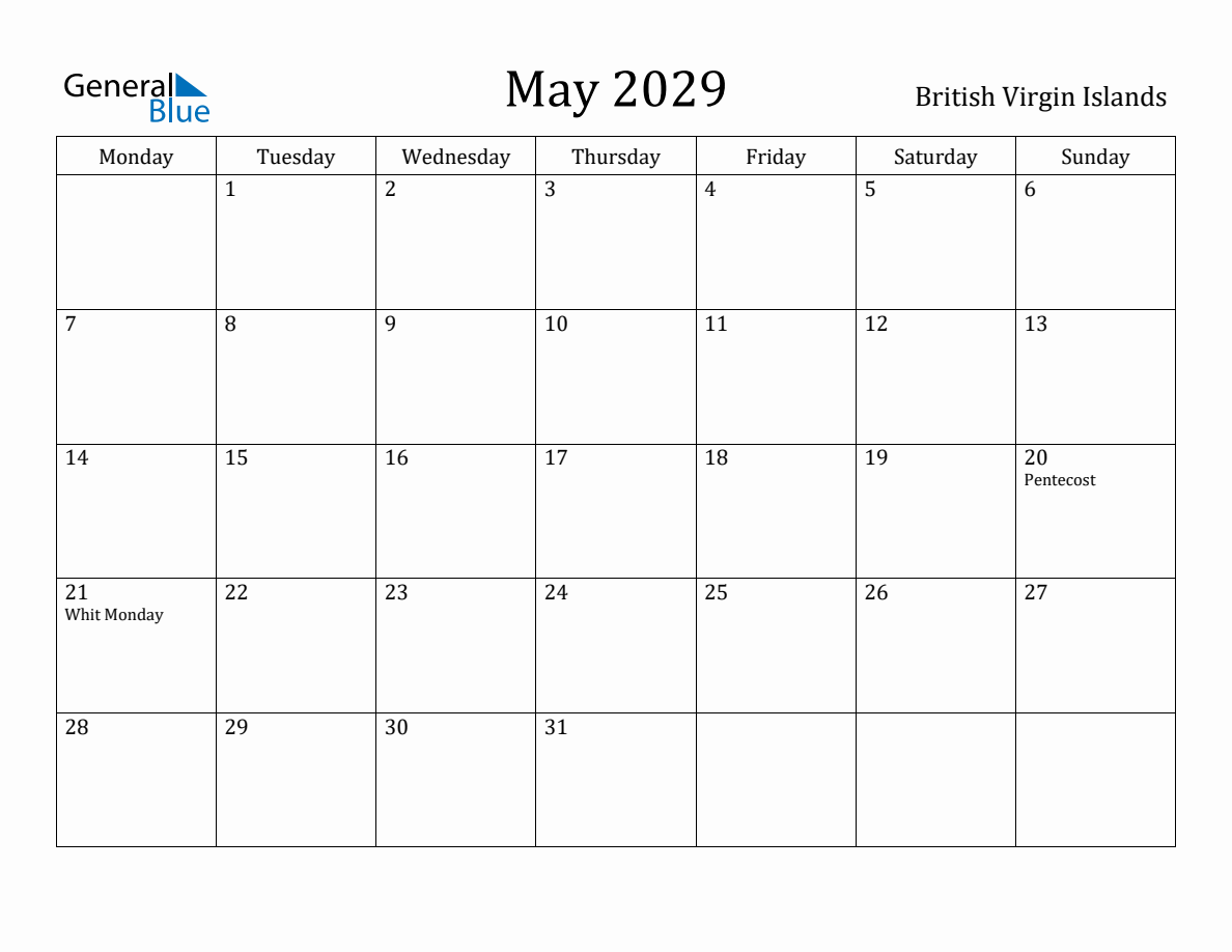May 2029 Monthly Calendar with British Virgin Islands Holidays (Monday ...