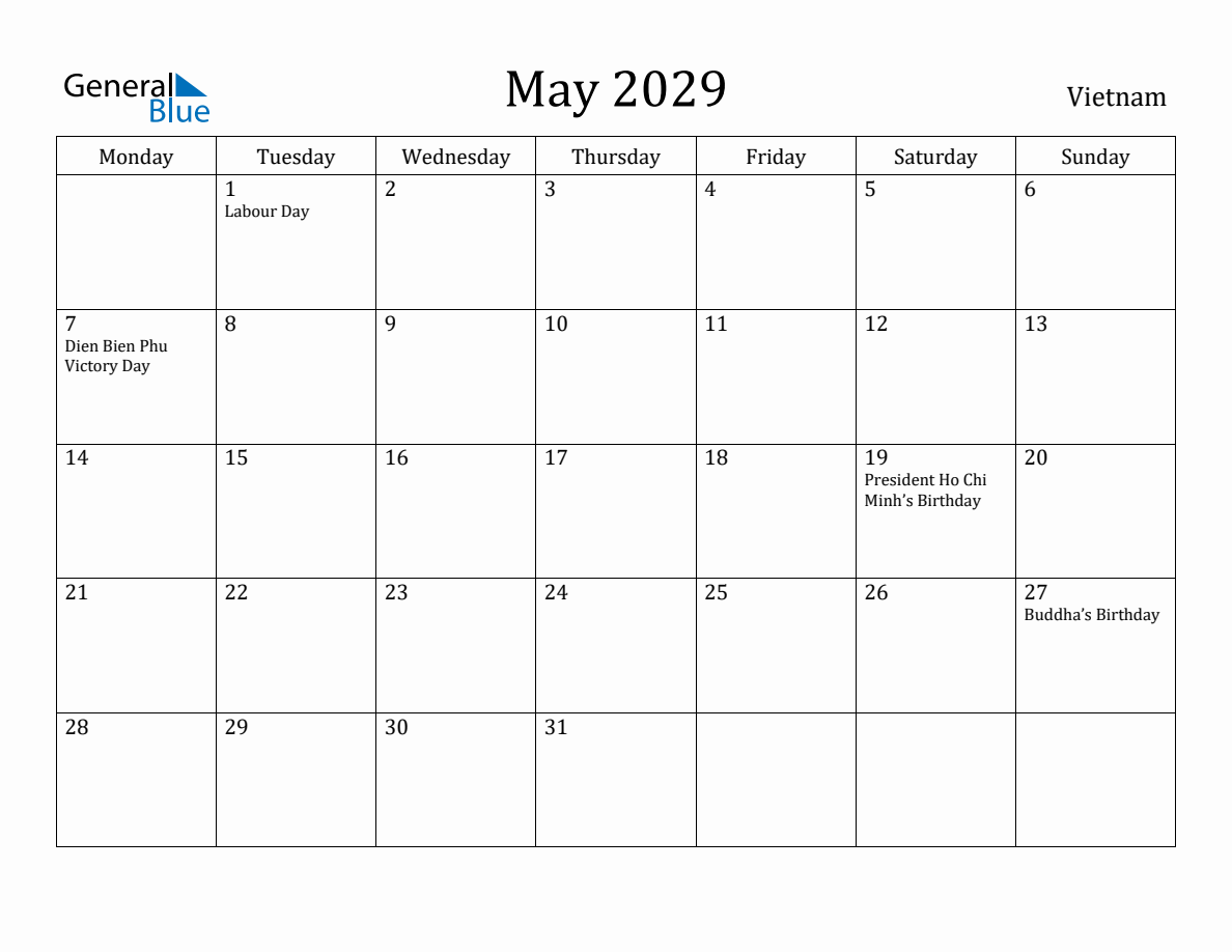 Vietnam Monthly Calendar - May 2029 (Monday Start)