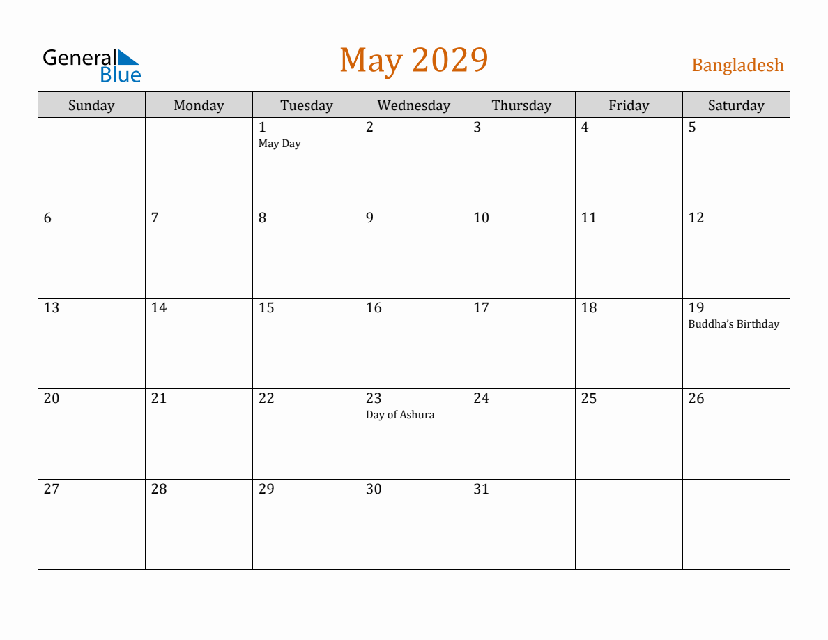 Free May 2029 Bangladesh Calendar