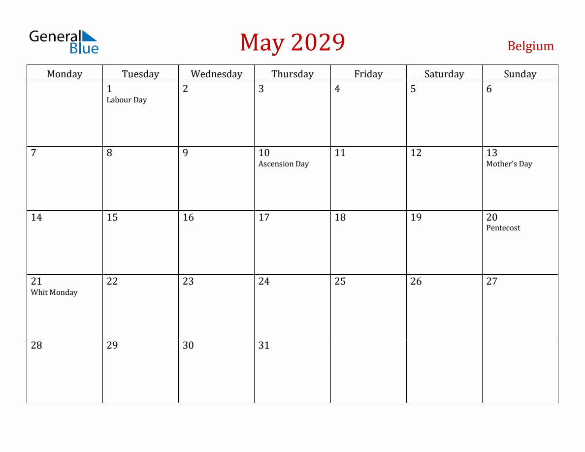 May 2029 Belgium Monthly Calendar with Holidays (Monday Start)