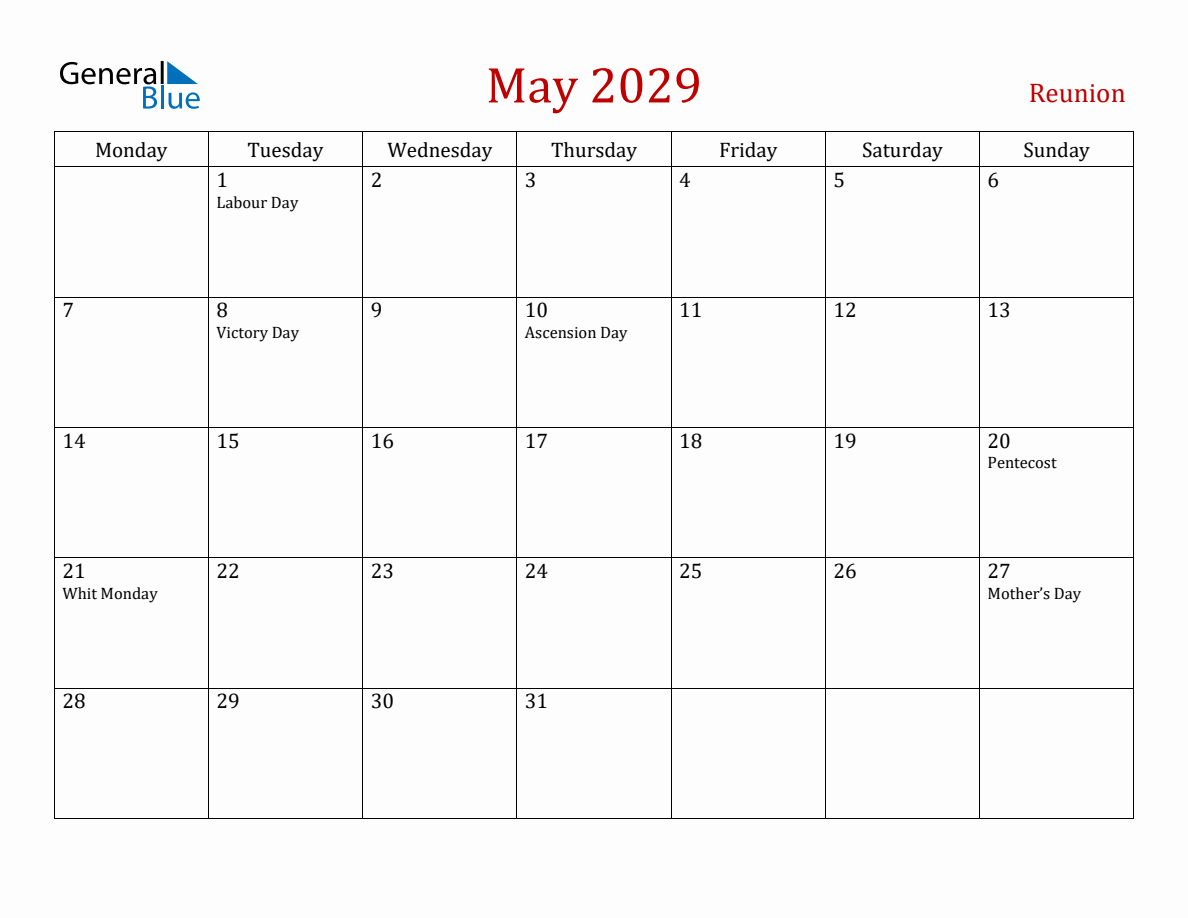 May 2029 Reunion Monthly Calendar with Holidays (Monday Start)