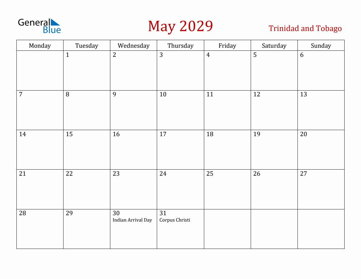 May 2029 Trinidad and Tobago Monthly Calendar with Holidays (Monday Start)