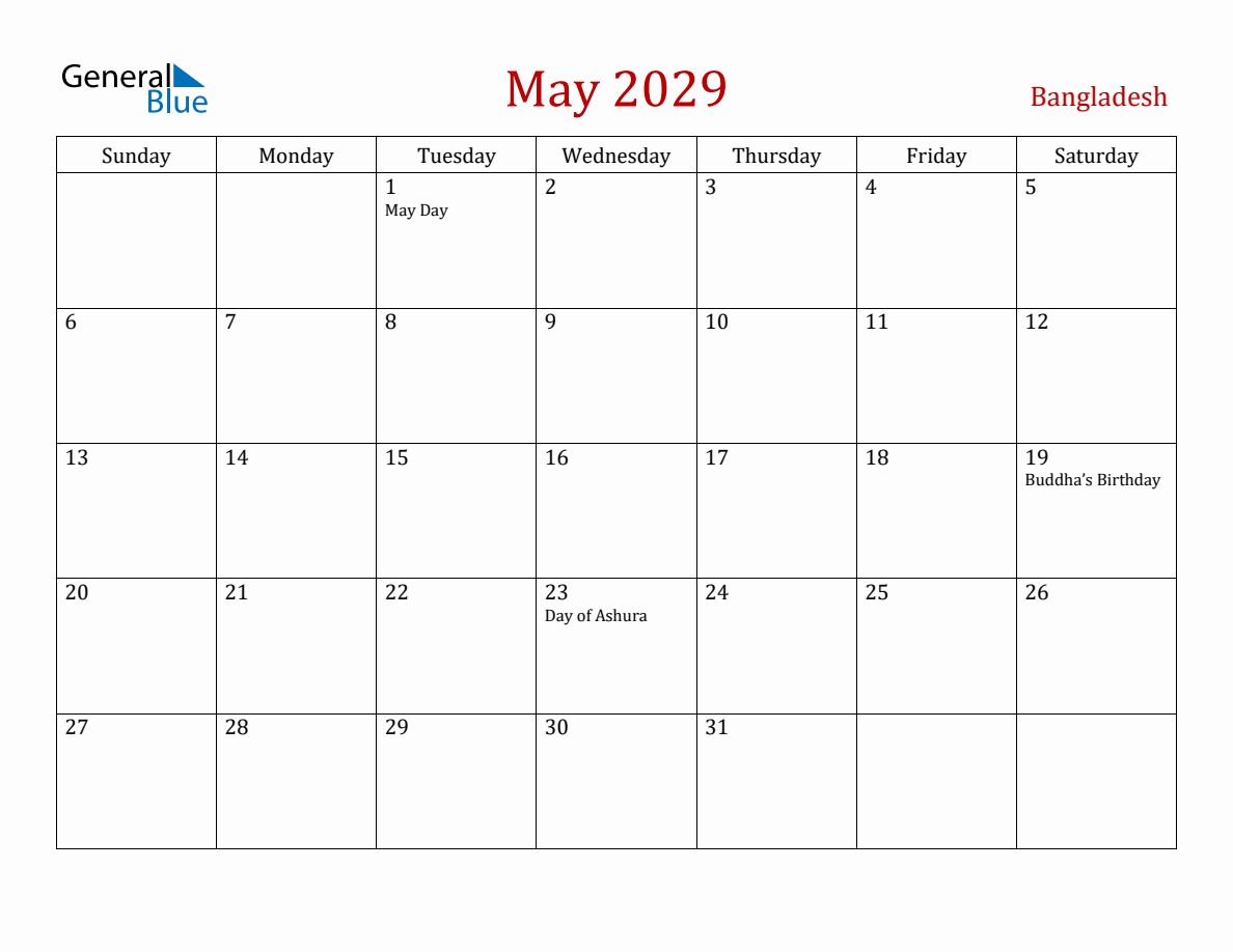 May 2029 Bangladesh Monthly Calendar with Holidays
