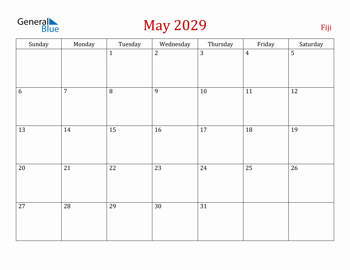 May 2029 Fiji Monthly Calendar with Holidays