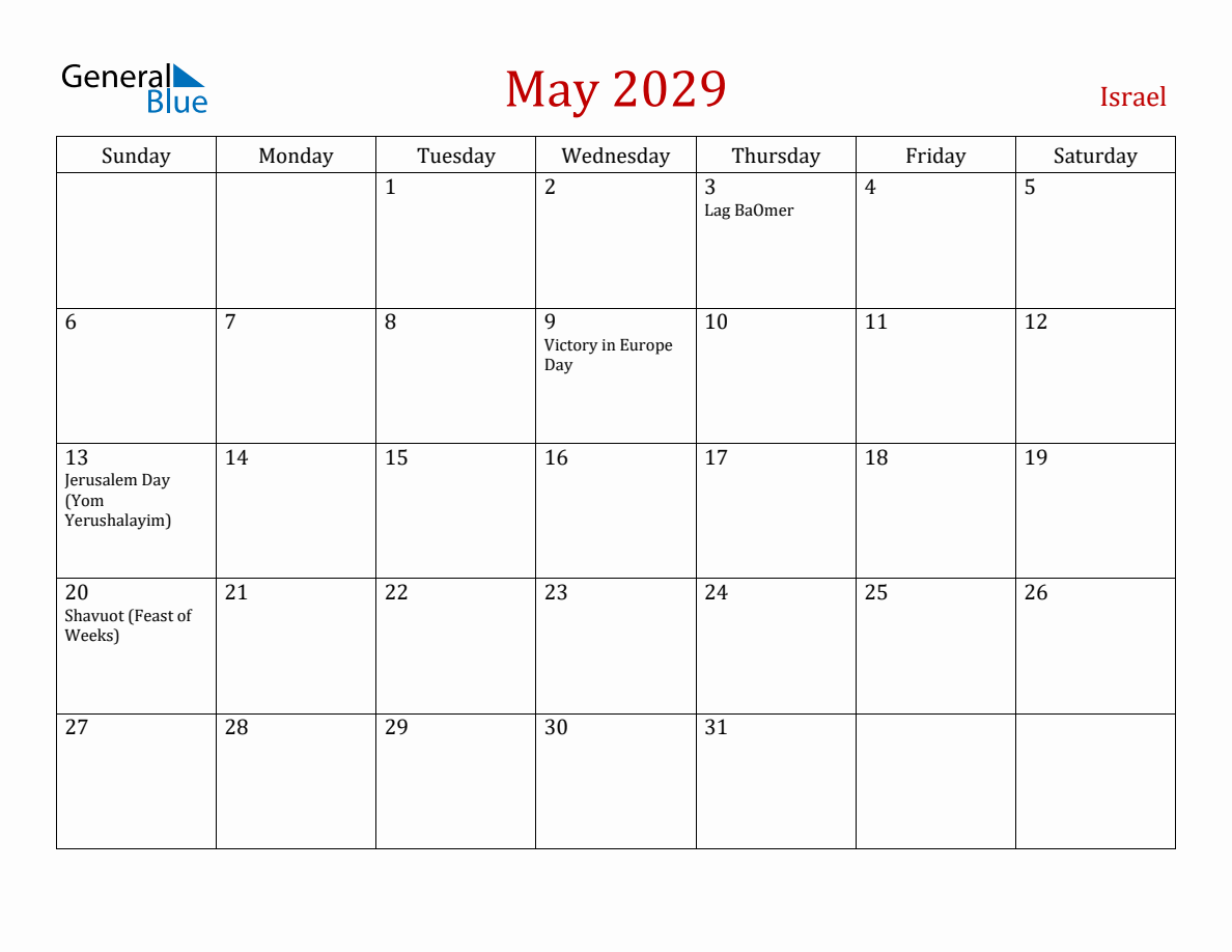 May 2029 Israel Monthly Calendar with Holidays