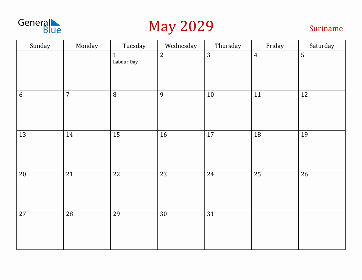 May 2029 Suriname Monthly Calendar with Holidays