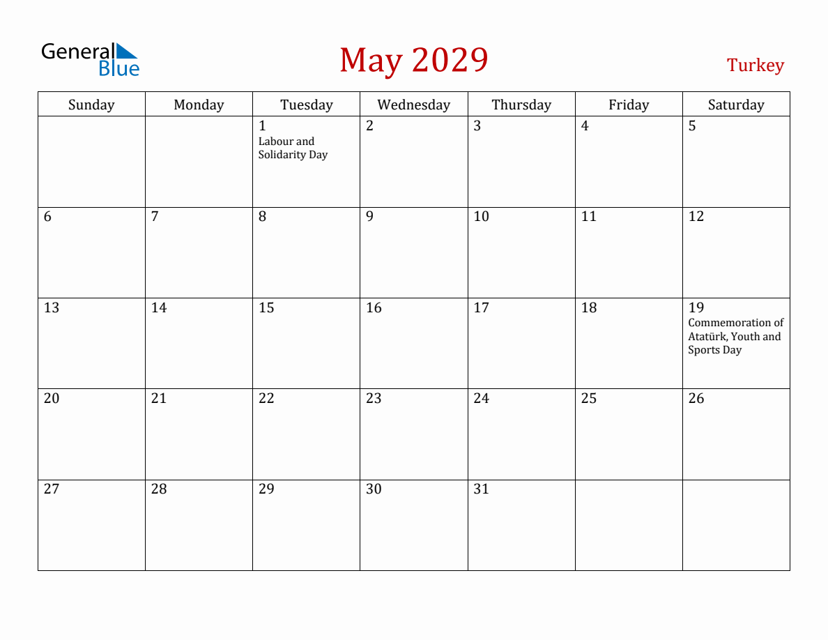 May 2029 Turkey Monthly Calendar with Holidays