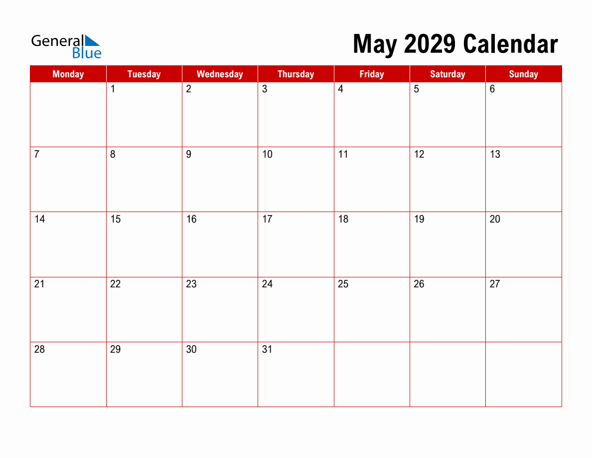 Basic Monthly Calendar - May 2029 - Monday Start