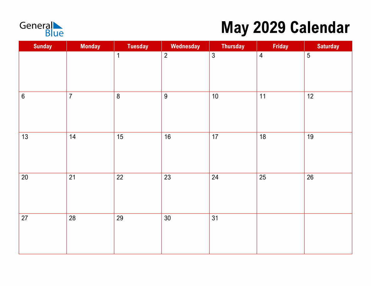 Basic Monthly Calendar - May 2029